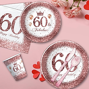 Xigejob 60th Birthday Decorations Women Tableware, Rose Gold 60 And Fabulous Decorations Dinnerware, Plate, Cup, Napkin, Tablecloth, Cutlery, Happy Sixty 60-Year-Old Birthday Party Supplies, Serve 24