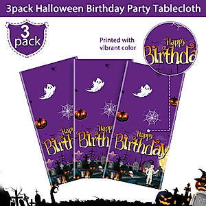 3 Pack Halloween Birthday Party Tablecloth, Happy Birthday Halloween Table Cover, Pumpkin Ghost Spooky Castle Halloween Party Supply for Boy Kids Girl, Halloween Birthday Party Decoration 108x54 Inch
