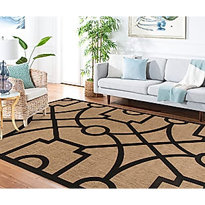 Martha Stewart by SAFAVIEH Collection 2'7" x 5' Dark Beige/Black MSR4121H Fretwork Indoor/ Outdoor Waterproof Easy-Cleaning Patio Backyard Mudroom Area-Rug