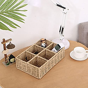 Zerodeko Rattan Divided Basket Storage Box: Woven Wicker Seagrass Storage Basket Khaki Rattan Compartment Bin Makeup Organizer Multipurpose Storage Container for Makeup Small Items