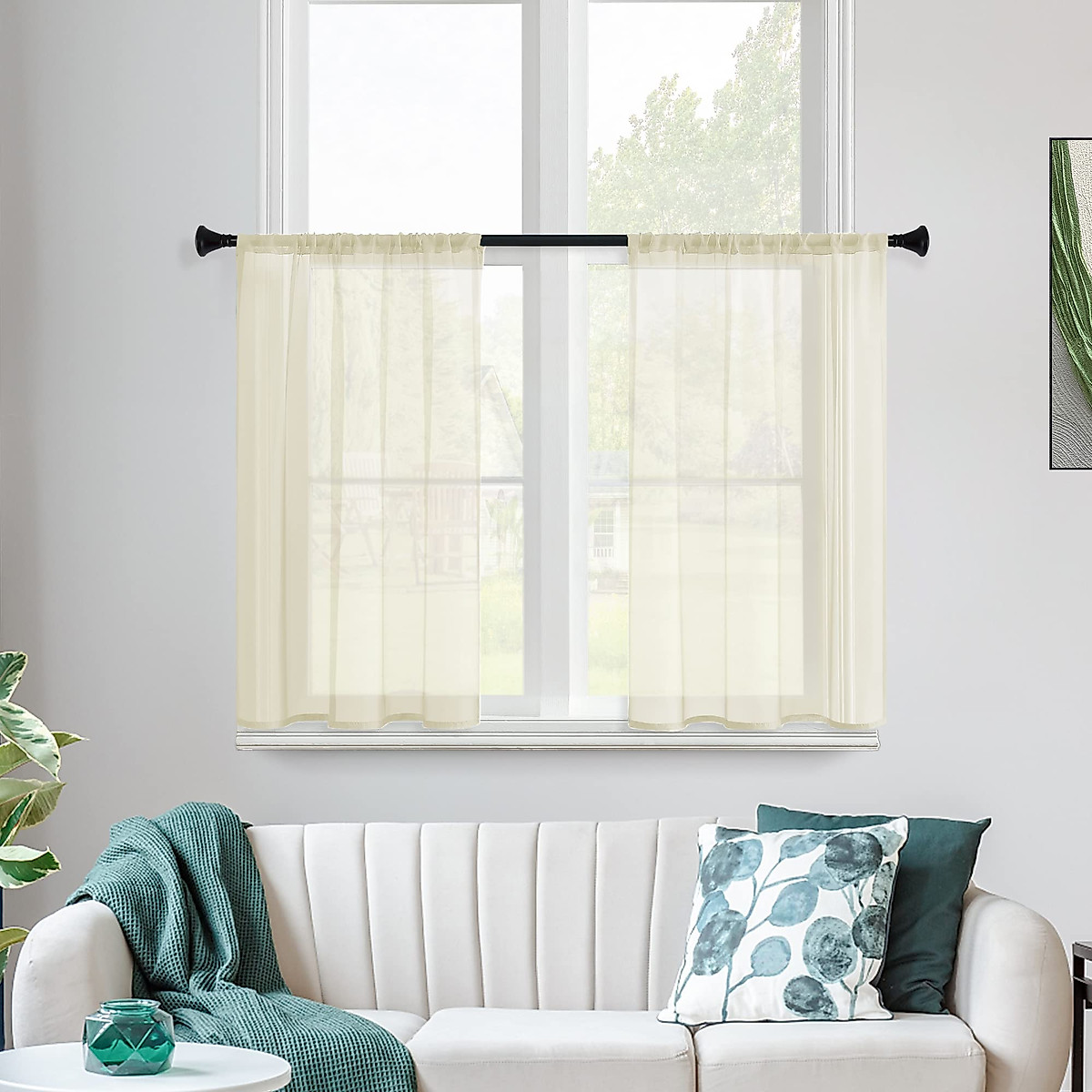 MRTREES Beige Sheer Curtains 34 x 36 inch Length Kitchen Tier Short Curtains Light Filtering Rod Pocket Voile Cafe Curtains for Kitchen Bathroom Small Half Window 2 Panels