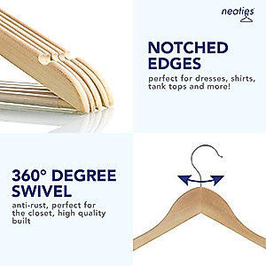 Neaties Natural Wood Hangers | Natural Finish | with 360° Degree Swivel Hook & Smooth Cut Notches | 24 Pack