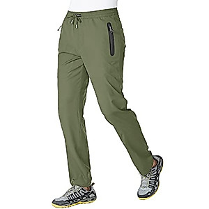 BASUDAM Men's Athletic Pants Thin Lightweight Quick Dry Zipper Pockets Outdoor Sports Pants for Running Jogging Hiking Army Green L