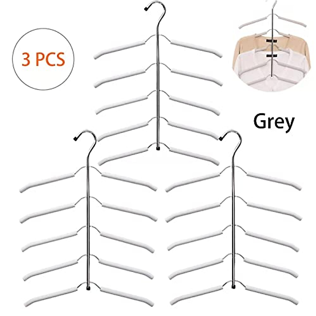 Multi-Layer Clothes Hangers Blouse Tree Hangers 3 Pack 5 in 1 Non Slip Space Saving Stainless Steel Shirt Hangers Closet Organizer（3，Grey）