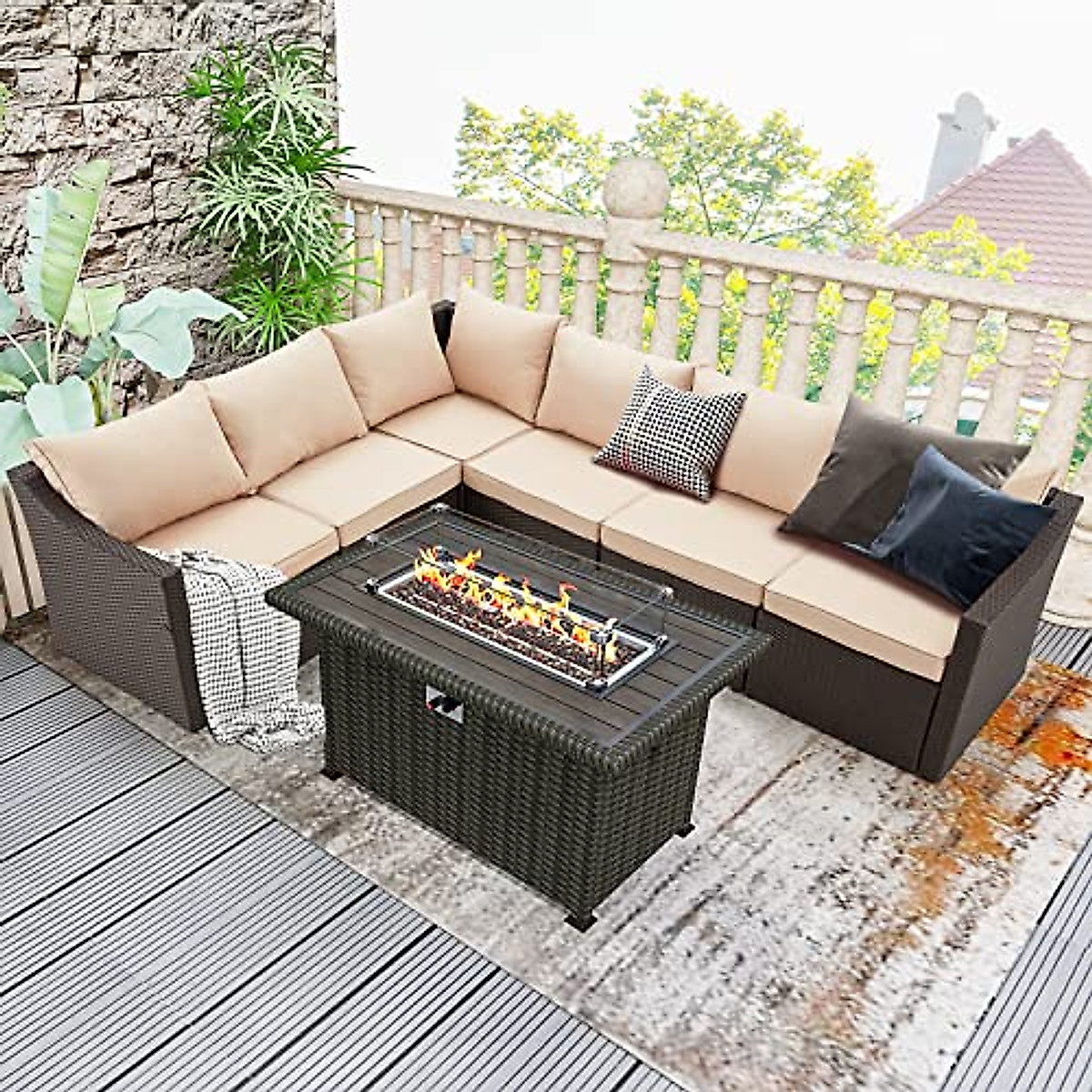 HOMREST 7 Pieces Patio Furniture Set with Fire Pit Table,Durable Outdoor Sectional Sofa Conversation Set w/Cushions and Pillows, 50,000 BTU Auto-Ignition Gas Fire Table w/Wind Guard ，CSA Certification