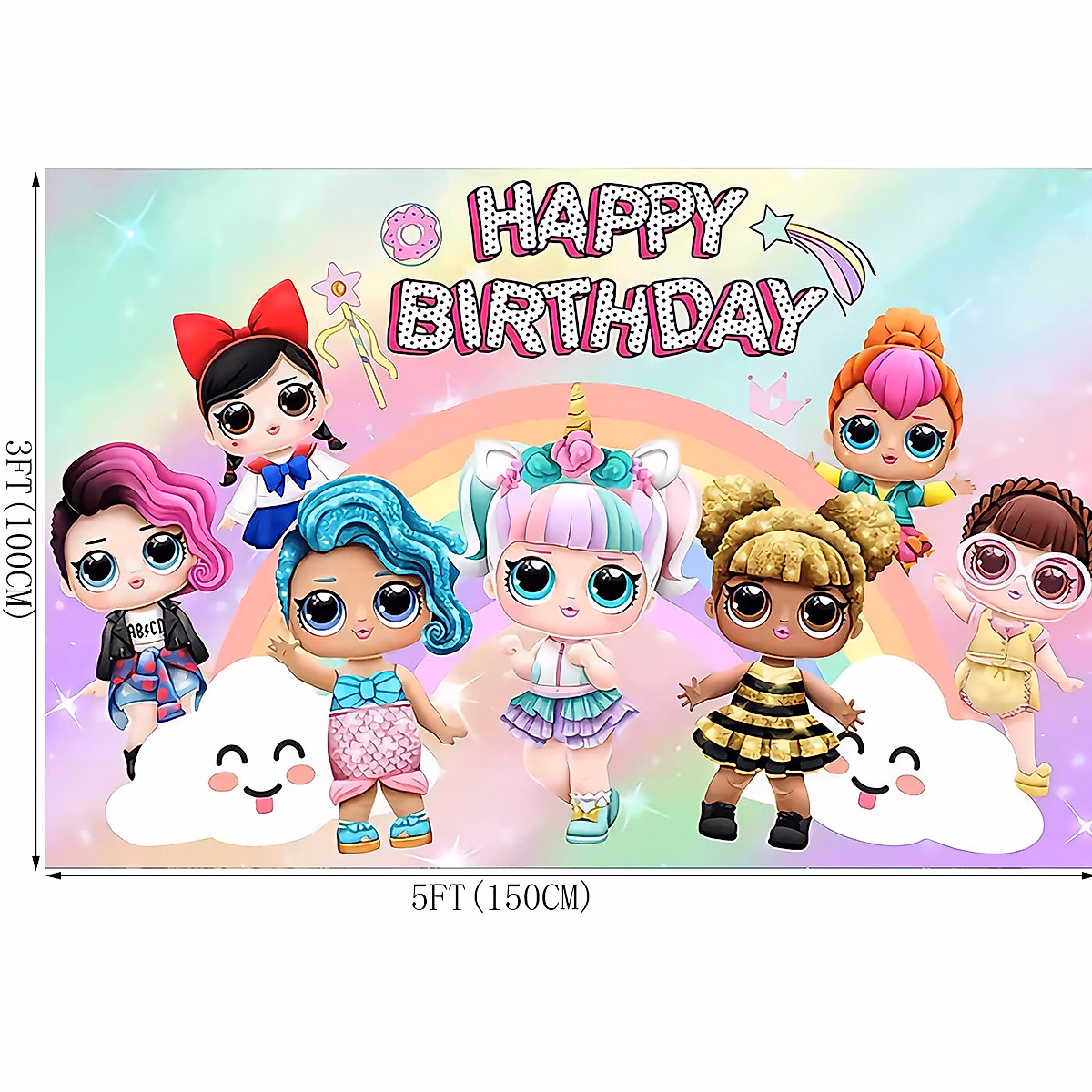 5X3FT Doll Toy Them Backdrop Happy Birthday Photo Photography Backdrops Dolls Girls Birthday Party Background Newborn Baby Shower Banner