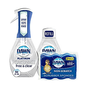 Dawn Free & Clear Powerwash Dish Spray, Dish Soap, Light Pear Scent Bundle, 1 Spray (16oz), 1 Refill (16oz) Non-Scratch Scrubber Sponge (2 count), 1 set