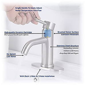 WOEN-FLOW Brushed Nickel Bathroom Faucet Sink Faucets Vanity Vessel Faucet & Deck Plate 1 or 3 Hole Washroom Taps Lavatory Faucet Stainless Steel cUPC Certified Single Hole Handle