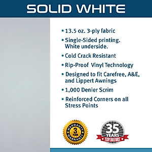 ShadePro - RV Awning Fabric Replacement - Premium Grade Weatherproof Vinyl - Universal Outdoor Canopy for Camper, Trailer, and Motorhome Awnings - Solid White - 16' (Fabric 15'2")