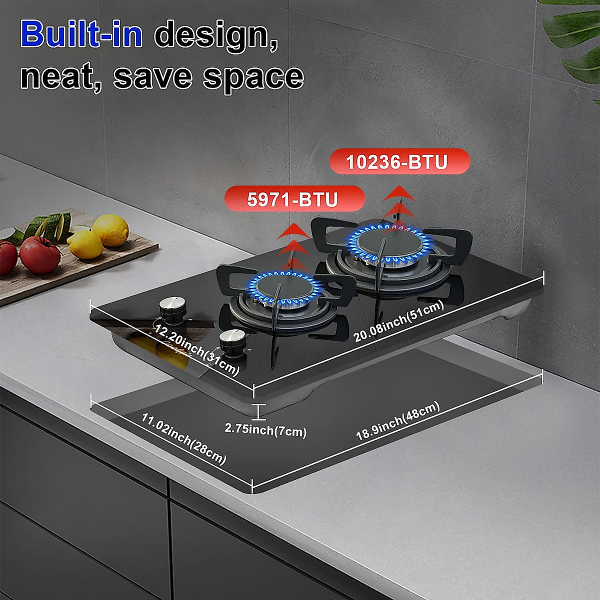 Cooksir 12 inch Gas Stove, 2 Burners Propane Cooktop Bulit-in, Indoor Gas Cooktop Suitable for Dual Fuel LPG/NG, Tempered Glass Gas Stove Top for Kitchen, Apartment, Indoor, 110-120V Plug in
