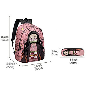 XIXISA Anime Nezuko Shinobu Kanroji Inosuke Cosplay School Backpack with Pencil Case Anime Backpacks for Teens