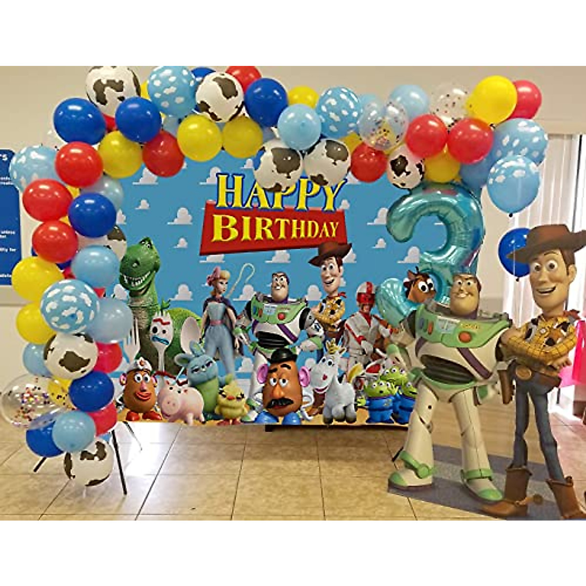 WRQ GCH 7x5ft Cartoon Toy Backdrop Blue Sky White Clouds Happy Birthday Party Decoration Toy Baby Shower Backdrop Cake Table Decoration