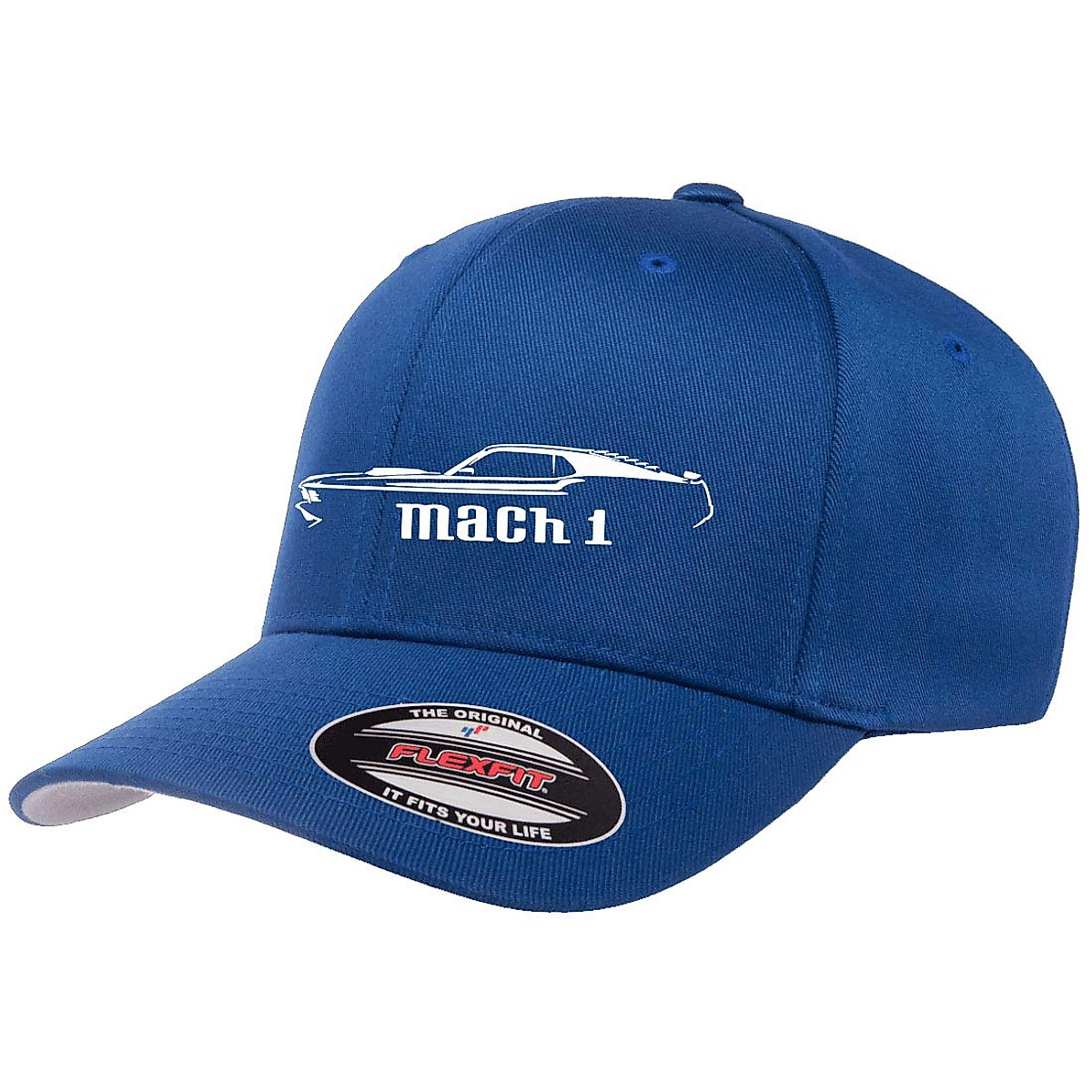 1970 Ford Mach 1 Mustang Outline Design Flexfit 6277 Athletic Baseball Fitted Hat Cap Royal L/XL