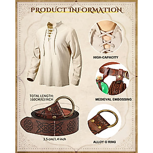 Ramede 6 Pcs Men's Renaissance Costume Set Medieval Pirate Shirt Leather Arm Guards Viking Belt Medieval Bag Accessories(X-Large)
