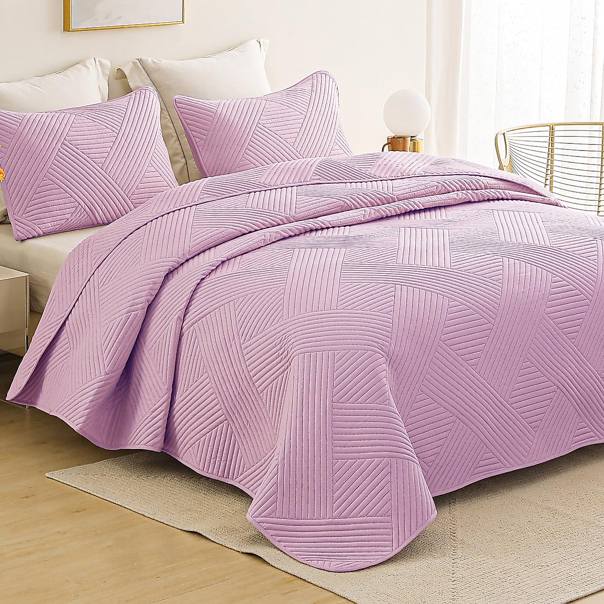 Whale Flotilla Queen Quilt Set, Soft Lightweight Quilts Bedspreads Coverlet with Embossed Pattern, Bedding Sets with 2 Pillow Shams, Reversible Bed Cover for All Seasons, 96x90 Inches, Purple