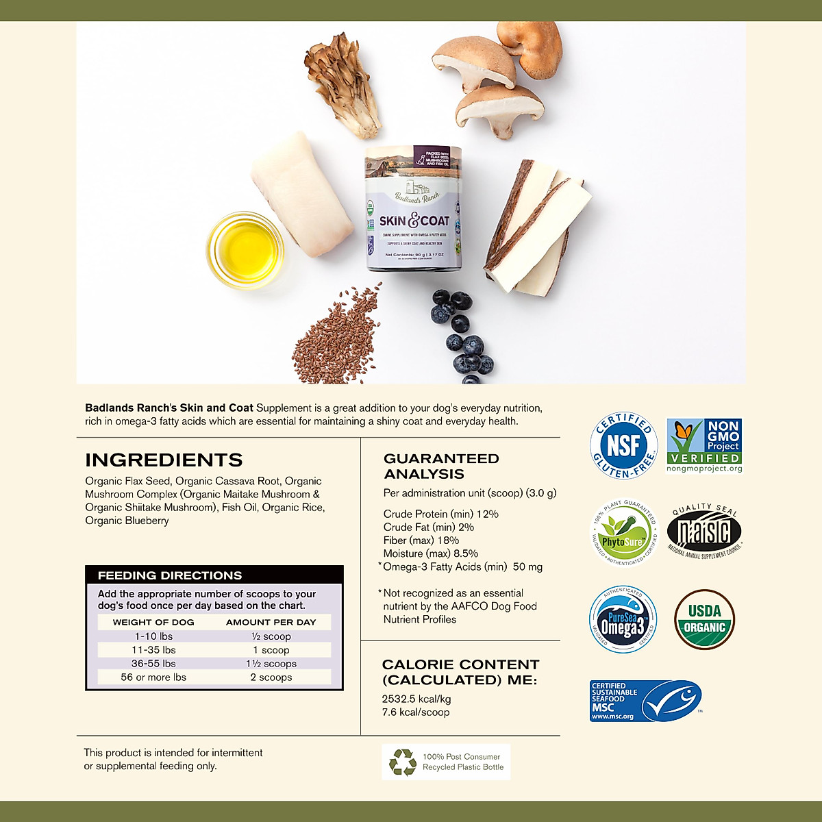 Badlands Ranch - Skin & Coat Canine Supplement w/Omega-3 Fatty Acids, Org. Ingredients, Antioxidant Topper, Nourish Coat &Paws, Joint, Support Shiny Coat & Healthy Skin by Katherine Heigl (30 Scoops)