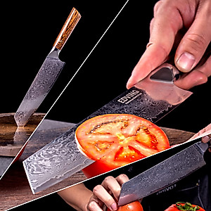 EDVING Chef Knife 8 Inch Damascus Japan VG-10 Super Stainless Steel Professional High Carbon Super Sharp Kitchen Cooking Knife, Ergonomic Color Wooden Handle Luxury Gift Box (8" Chef's Knife, Wood)