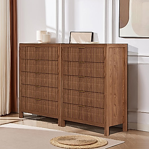 MJADUE Fluted 5 Drawers Dresser, 43" Tall Modern Chest of Drawers Wood Drawer Organizer Dresser for Bedroom Chest of Drawers for Bedroom, Living Room, Hallway, Entryway, Walnut Oak