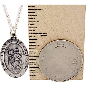 All Patron Saints Oval St Christopher Medal Necklace in Solid Sterling Silver Protect Us Medal 24 x 16 MM With 24 Inch Chain (Adult Male)