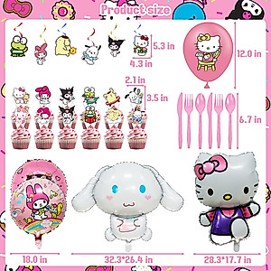 Kawaii Birthday Decorations, Cartoon Party Decorations, Include Banner, Cake Toppers, Paper Tableware, Stickers, Backdrop, Tablecloth, Balloons, Hanging Swirls, for Kids Theme Birthday Party Supplies