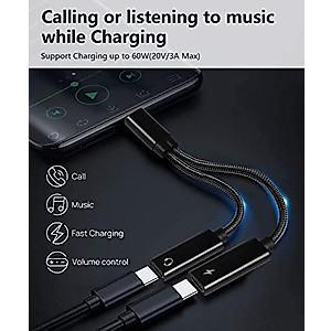 USB C Splitter, Dual USB C Headphones and Charger Adapter with PD 60W Fast Charging for Pixel 3 4 5 6 7 XL,Samsung Galaxy S23 S22 S21 S21+ Note 20/Note 10/10+ and More