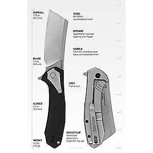 Kershaw Bracket Pocketknife, 3.4" 8Cr13MoV Stainless Steel Cleaver Blade, Assisted One-Handed Flipper Opening, Folding EDC, Frame Lock,Black
