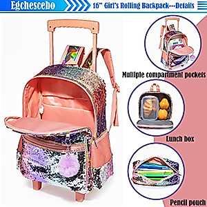 kids Rolling Kid Travel Toddler Duffle Bag Bow Tie Backpack for Girls Carry on Luggage Roller Computer Suitcase with Pencil Case and Lunch Box Wheels Wheeled Sequins Backpacks Girls Gradient Champagne