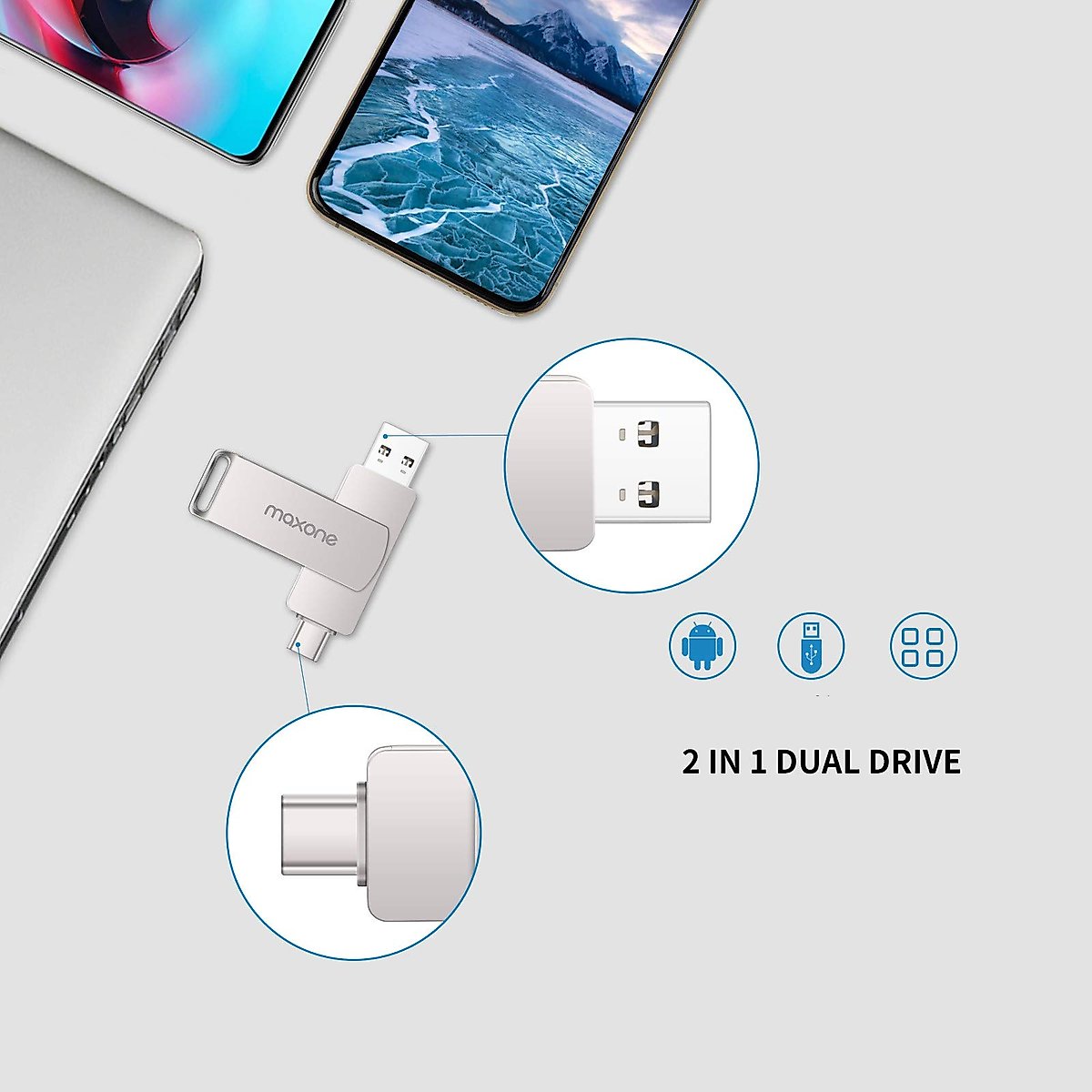 Maxone 128GB Flash Drive USB Type C Both 3.1 Tech - 2 in 1 Dual Drive Memory Stick High Speed OTG for Android Smartphone Computer, Mac Book, Chromebook