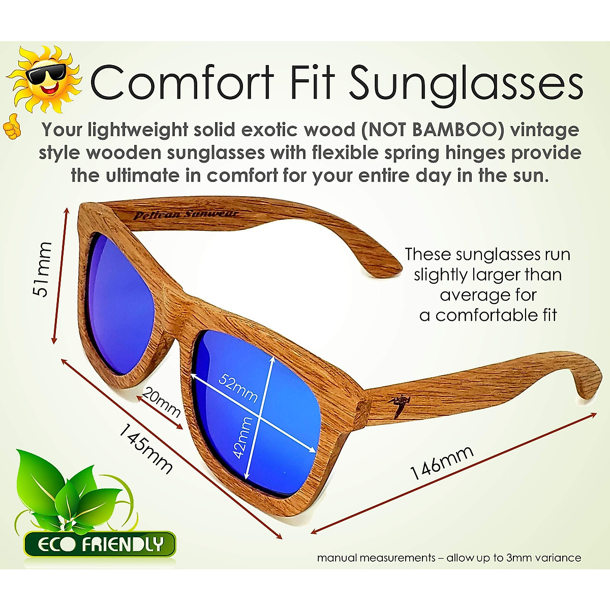 Pelican Sunwear Wood Sunglasses | Polarized | Vintage Wooden Frame | 100% UVA/UVB Protection | Bamboo Case | Men Women