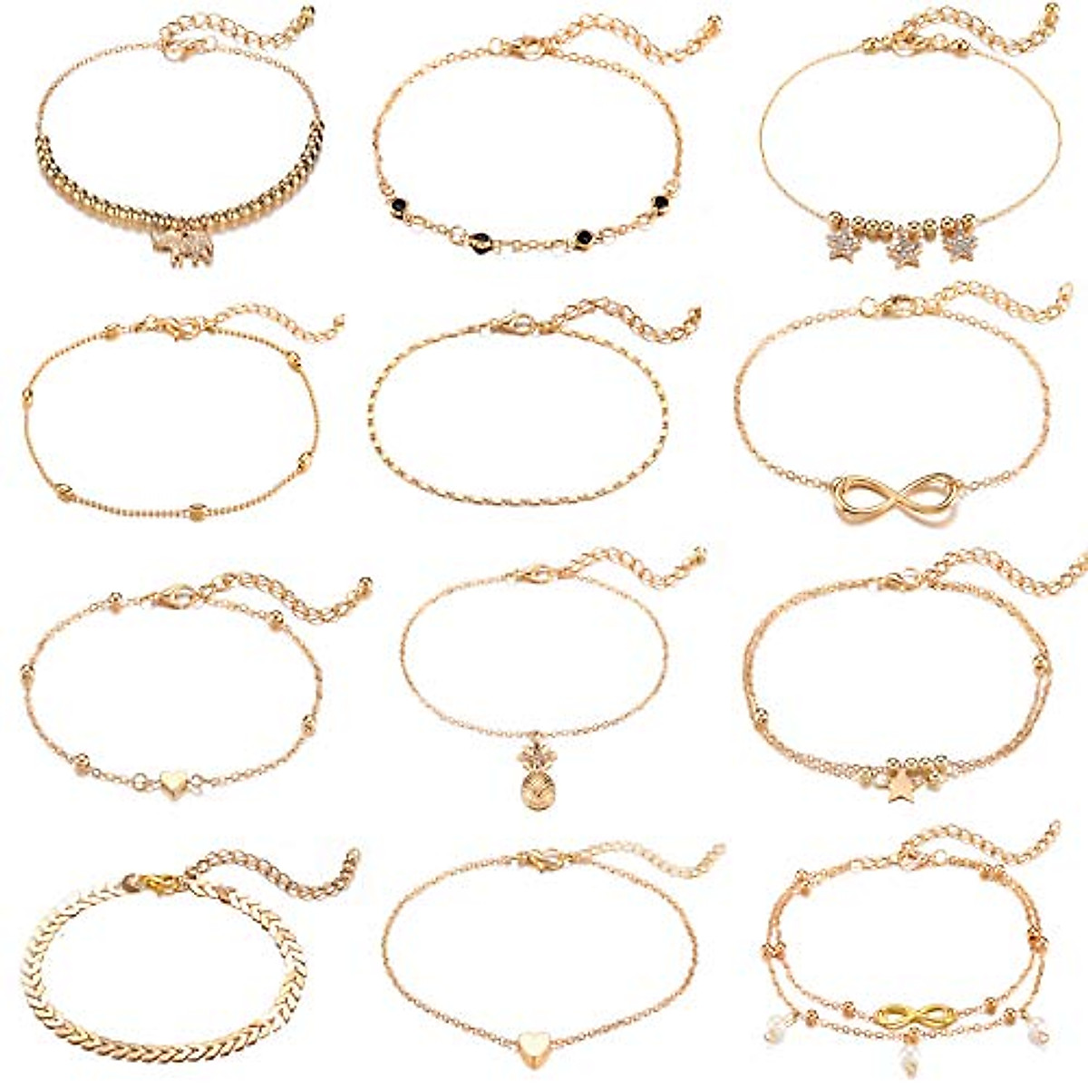 Starain 12pcs Women's Charm Anklet Set Gold Multilayer Adjustable Ankle Bracelets Boho Beach Foot Anklet for Women Girls