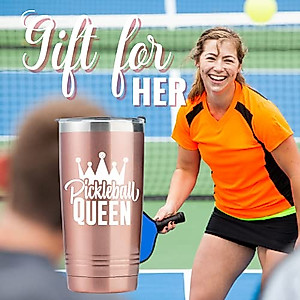Pickleball Gifts for Women, Gifts for Pickleball Lovers, Pickleball Accessories, PICKLEBALL QUEEN, Rose Gold Insulated 20oz Stainless Steel Travel Tumbler with Straw, Brush, Lid, and Gifts Box