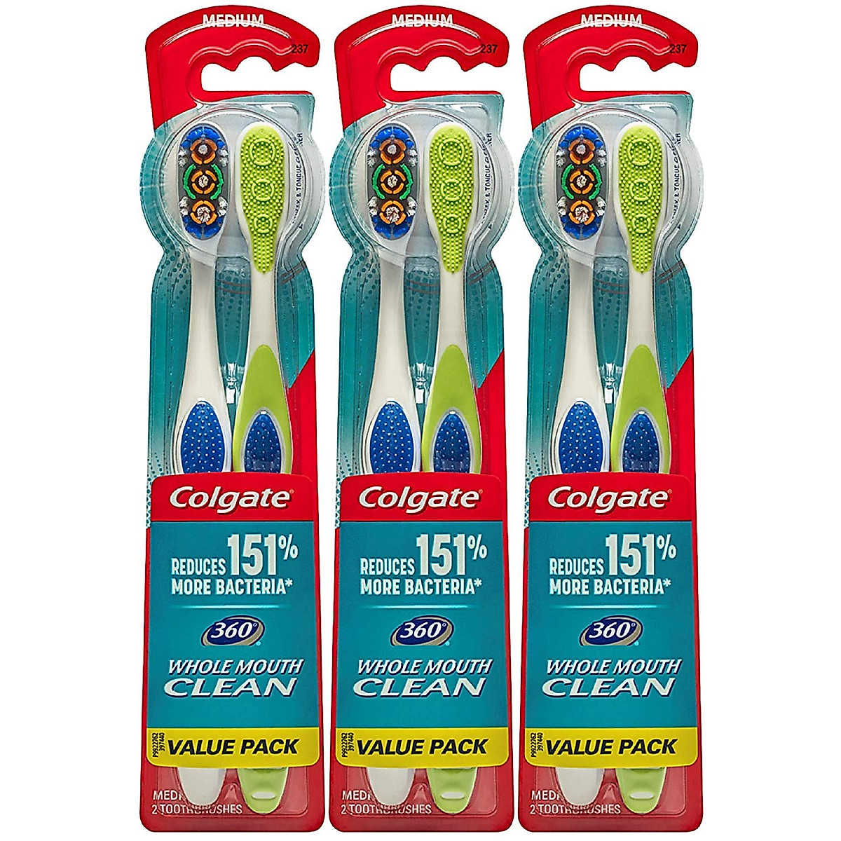 Colgate 360 Medium Toothbrush with Tongue and Cheek Cleaner, 6 Count