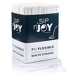 Crystalware Bulk Pack of 380 Flexible Plastic Drinking Straws - White, Individually Wrapped, Food-Safe BPA Free, 7.75 Inches Long (380 Straws)