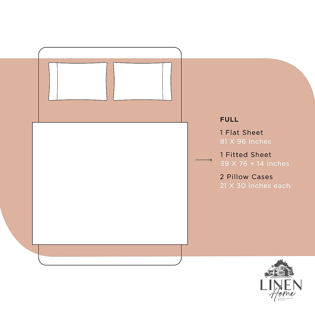 Linen Home 100% Cotton Percale Sheets Full Size, Tera Clay, Deep Pocket, 4 Pieces Set - 1 Flat, 1 Deep Pocket Fitted Sheet and 2 Pillowcases, Crisp Cool and Strong Bed Linen