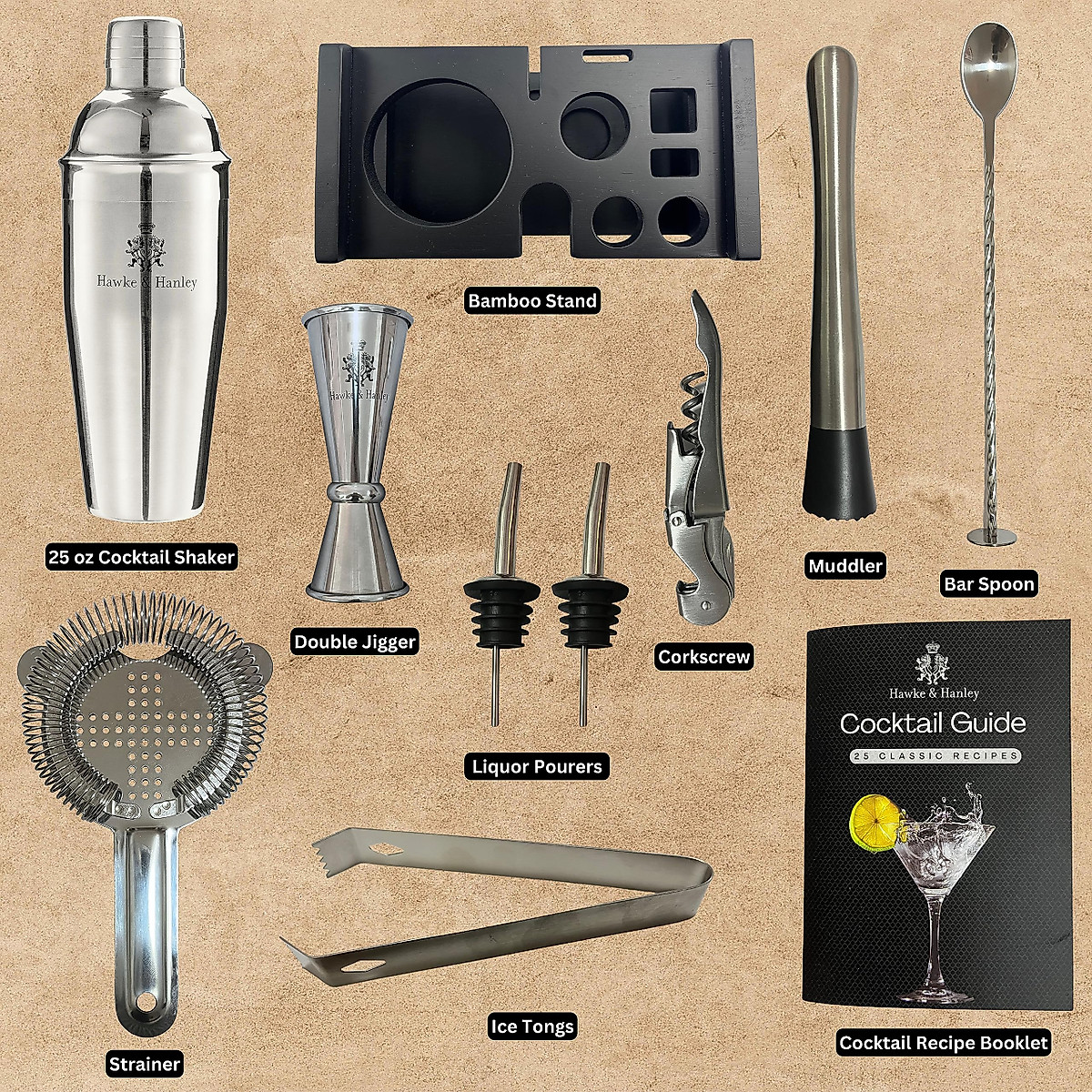 Hawke & Hanley Mixology Bartender Kit: Cocktail Shaker Bar Set with a Martini Shaker, Bar Tools and Black Bamboo Stand | Bartending Kit with Recipe Book | Unique Housewarming Gift (Silver)