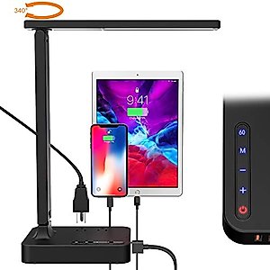 cozoo LED Desk Lamp with 3 USB Charging Ports and 2 AC Outlets,3 Color Temperatures & 3 Brightness Levels, Touch/Memory/Timer Function,10W Eye Protection Foldable Reading Light,Study Lamp for College