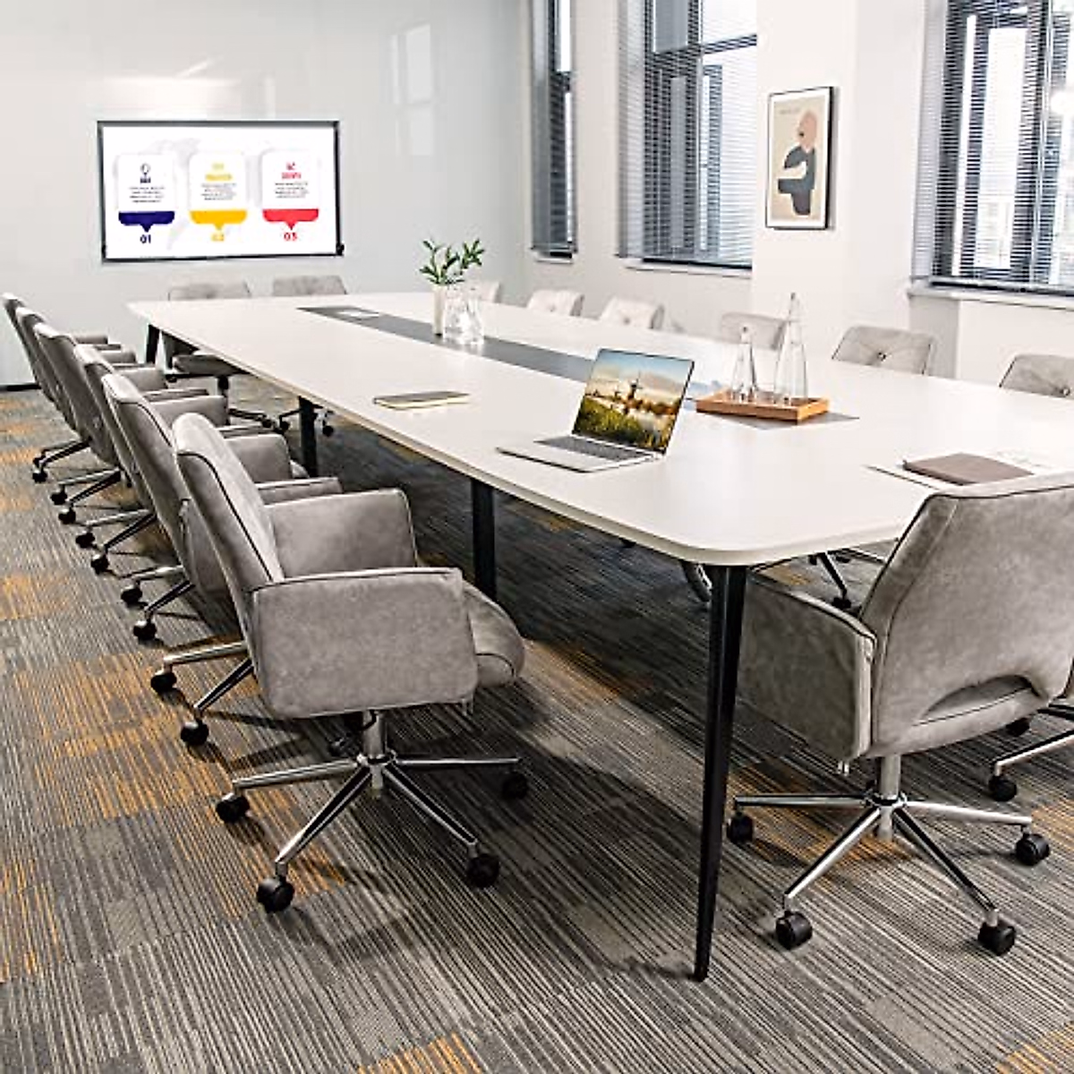 COSTWAY Ergonomic Home Office Chair, Height-Adjustable Faux Leather Computer Desk Chair w/Rolling Casters & Armrests, Upholstered Mid-Back Swivel Accent Chair for Home, Office, Study, Grey