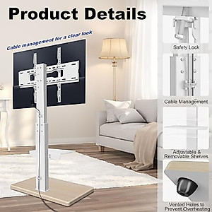 YOMT Floor TV Stand with Swivel Mount for Most TVs up to 75 Inch, Tall Corner TV Stand with Height Adjustable Shelf, Universal TV Mount Stand Holds up to 110 LBS, Upgrade Sturdy Wood Base, White