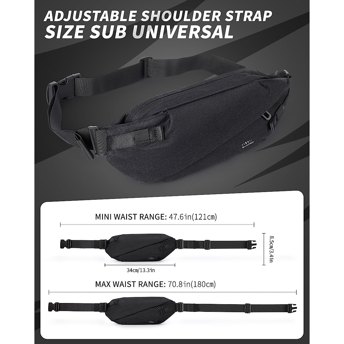 Fanny Pack for Mens Crossbody Bag, Sling Bag for Women Anti Theft Waist Packs with Adjustable Strap Casual Daypack for Running Sports Hiking Cycling Travel Walking - Black