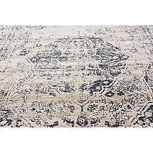 Unique Loom Chateau Collection Distressed Vintage Traditional Textured Dark Blue Area Rug (8' 0 x 10' 0), beige/navy blue