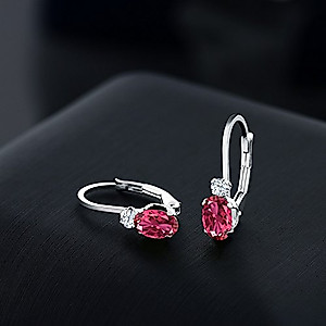 Gem Stone King 925 Sterling Silver Pink Tourmaline and White Created Sapphire Leverback Earrings For Women (0.84 Cttw, Gemstone October Birthstone, Oval 6X4MM, Round 2MM, 3/4 Inch)