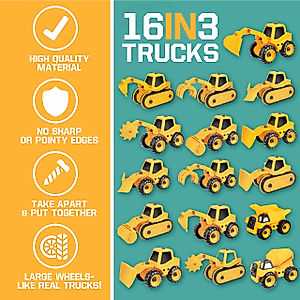 ToyVelt 16 in 3 Construction Take Apart Toys Trucks for 4 Year Old Boys STEM Tractor Toys for 3 Year Old Boys, Best Birthday for Boys & Girls Ages 3-12 Years Old - Updated 2021