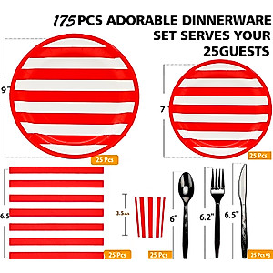 175Pcs Red and White Stripes Party Supplies Set 9"Red and White Striped Plates7"Red carnival Plates Napkins Cup Knive Fork Spoon for Striped Carnival Party Picnic BBQ Birthday Party Decor Serve25