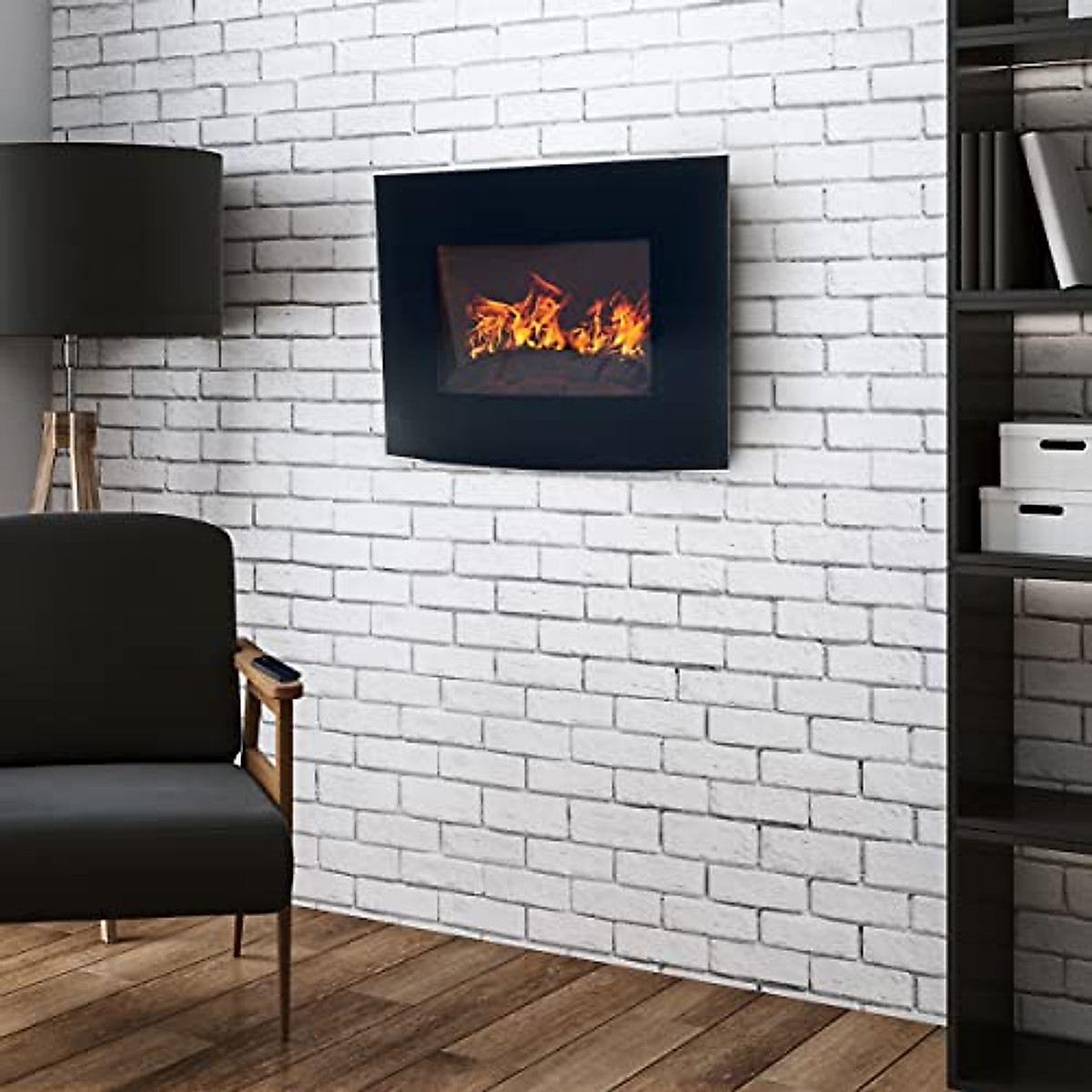 25.5-Inch Wall Mounted Electric Fireplace - Curved Glass Heater with Log Fuel Effect, Adjustable Flames, and Remote Control by Northwest (Black)