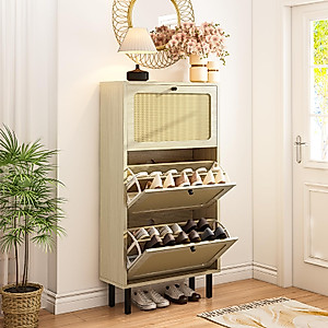 DKLGG Shoe Cabinet with 3 Flip Drawers, Rattan Entryway Shoe Storage Cabinet, Freestanding Wooden Shoe Rack Storage Cabinet with Metal Legs, Narrow Hidden Shoe Organizer for Entryway Hallway Mudroom