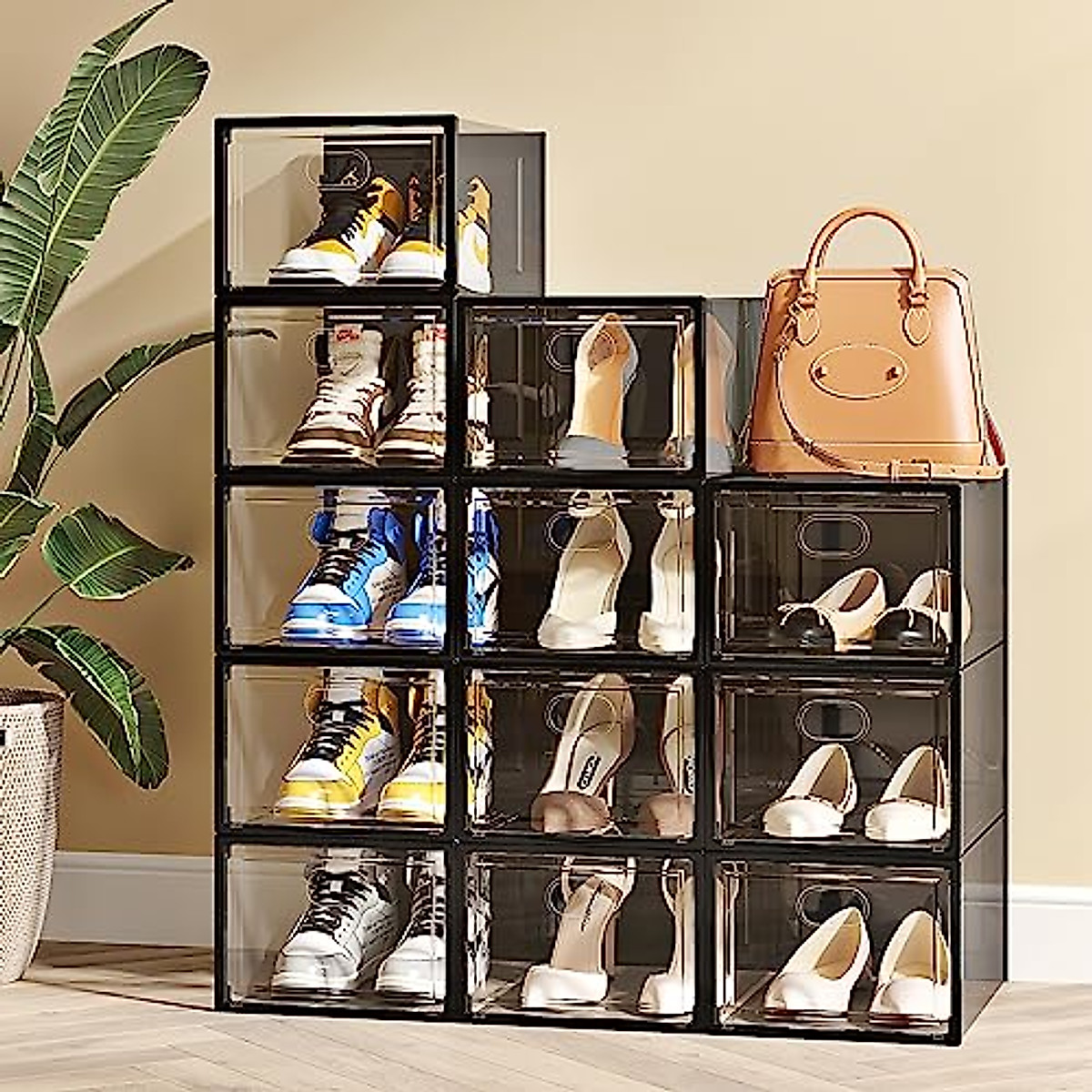 JOISCOPE 12 Pack Shoe Storage Boxes, Fit up to US Size 13, Clear Plastic Stackable Shoe Organizer for Closet, Space Saving Foldable Shoe Containers Bins Sneaker Container, Black