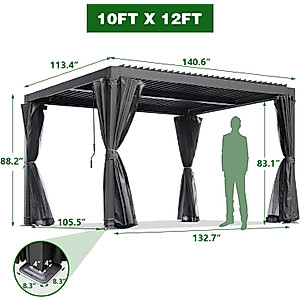 MELLCOM 10x12ft Louvered Pergola with Curtains and Nets, Aluminum Pergola with Adjustable Rainproof Roof, Outdoor Hardtop Pergola for Patio, Backyard, Deck, Dark Gray