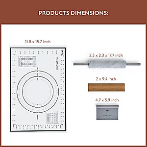 Fistukit White Marble Rolling Pin with Stainless Steel Handles Baking Set - Silicone Baking Mat, Bench Scraper, Wooden Base- 10 Inch Roller