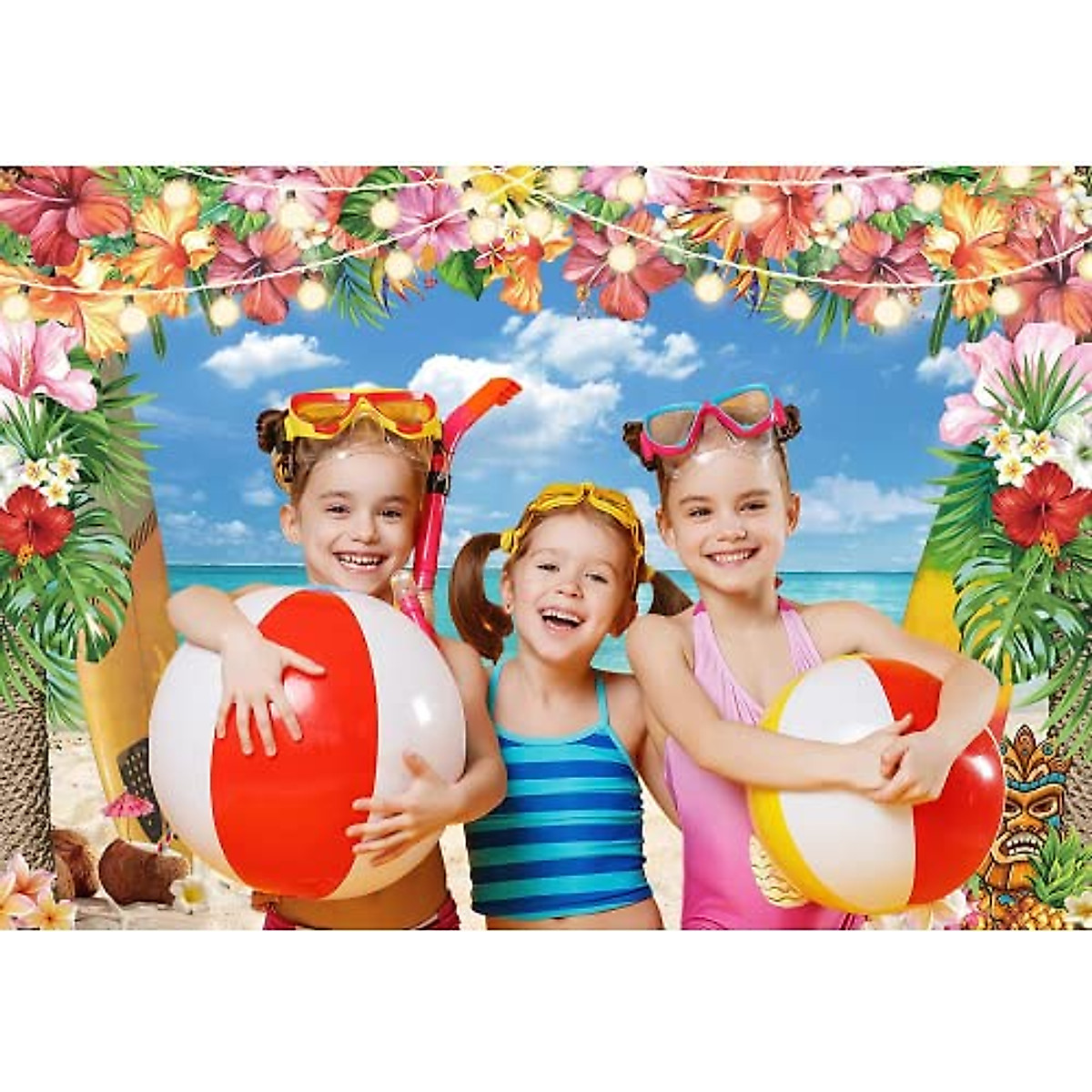 LIVUCEE 7x5ft Fabric Summer Hawaiian Beach Backdrop for Photography Tropical Flower Luau Hawaiian Party Decorations Aloha Blue Sky Ocean Palm Leaves Background Suppiles Photoshoot