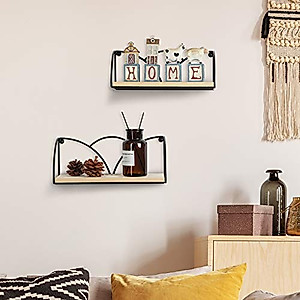 J JACKCUBE Design Floating Black Wire Wood Shelves Set of 2, Small Hanging Decorative Plant Wall Shelf for Bedroom Living Room Kitchen Bathroom Office - MK672A